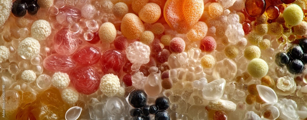 Microscopic observation of food particles, showing detailed textures ...