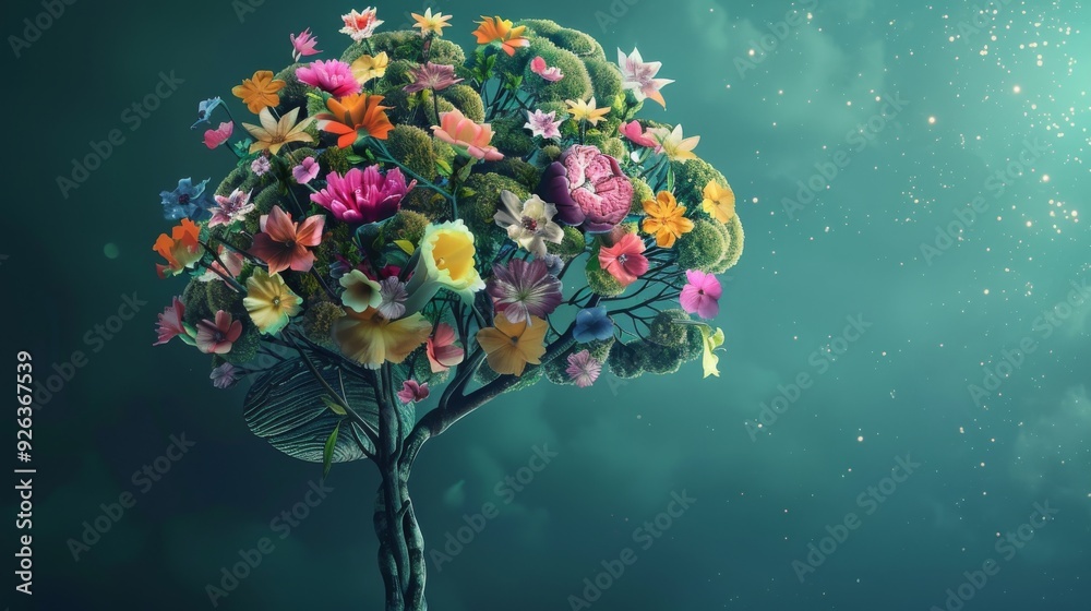 Human brain tree with flowers self care and mental health concept ...