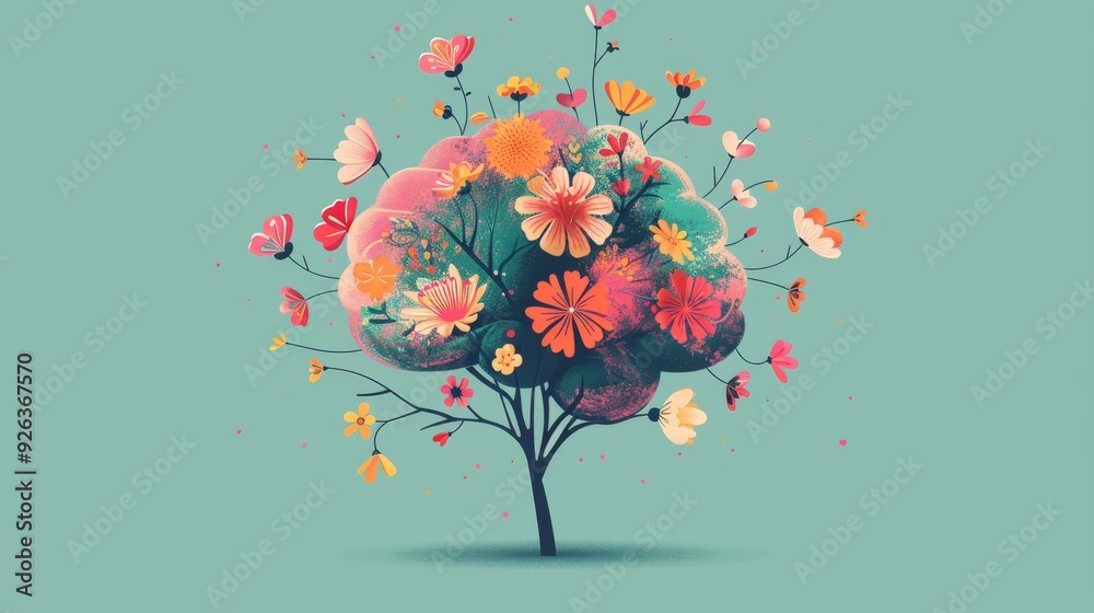 Human brain tree with flowers self care and mental health concept ...
