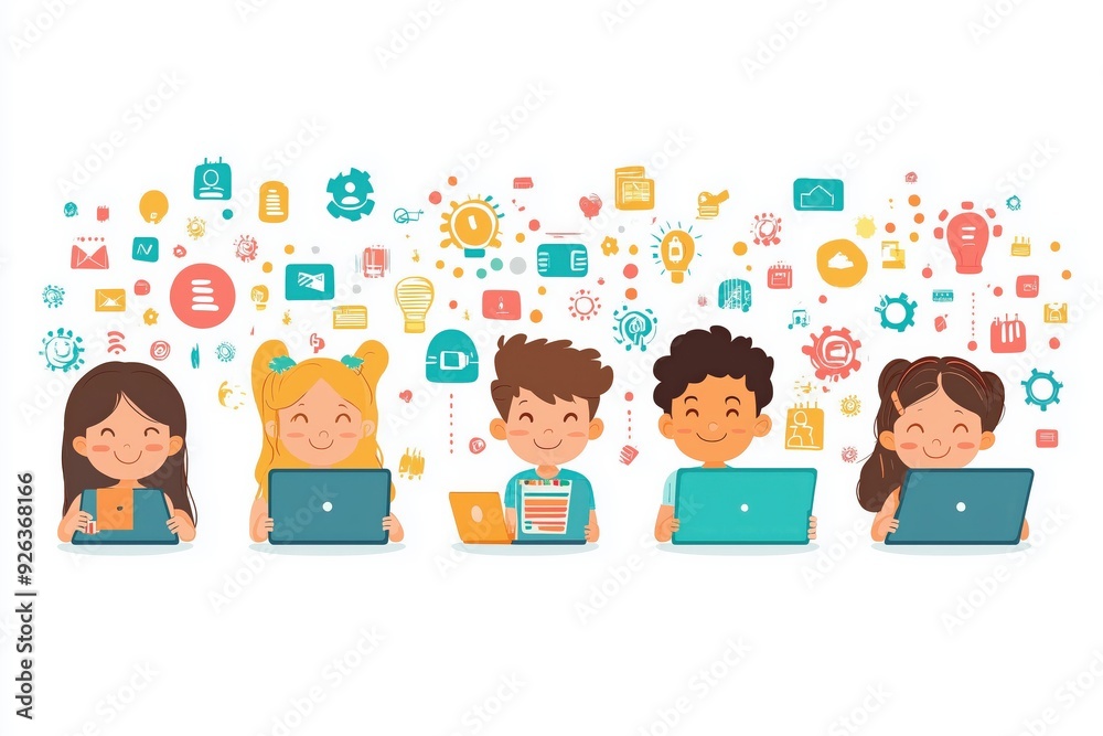 Group of kids coding together, tech innovation, modern vector art ...