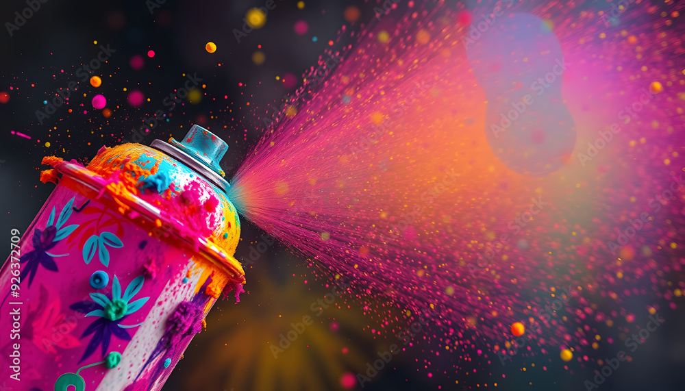 Spraying the colorful aerosol from the spray. container for multi ...