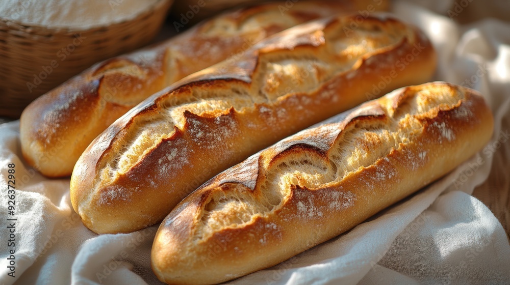 Artisan French baguettes with a crispy crust and soft interior, resting ...