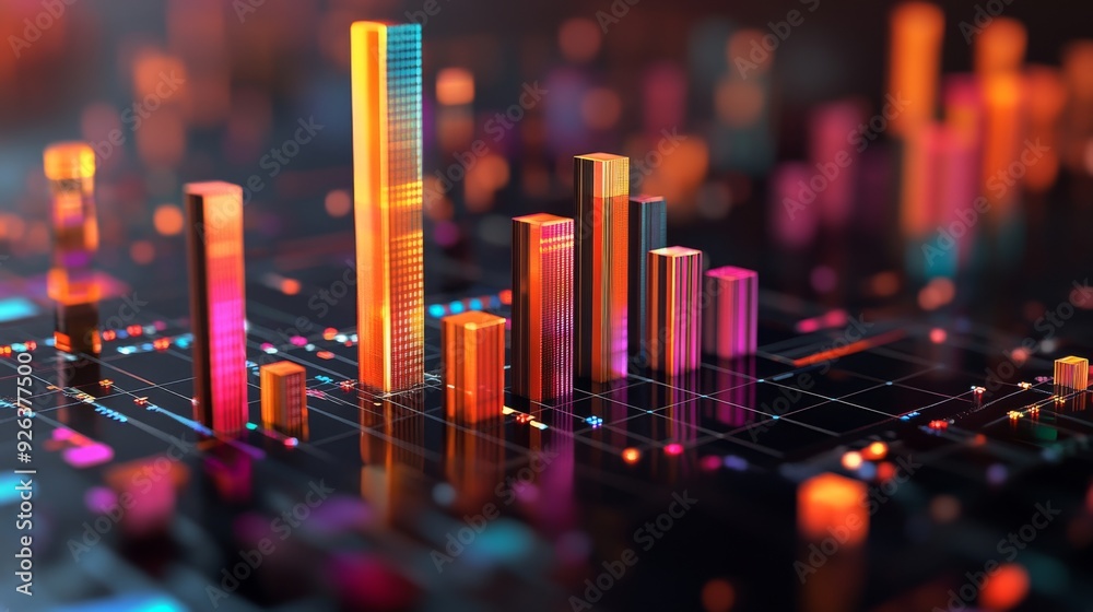 A detailed shot of a 3D bar chart with bars rising from a 3D grid ...