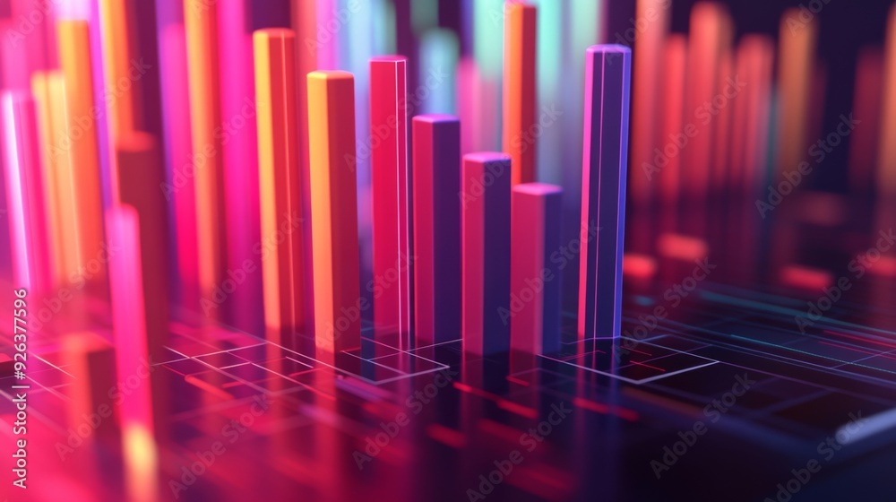 A detailed shot of a 3D bar chart with bars rising from a 3D grid ...