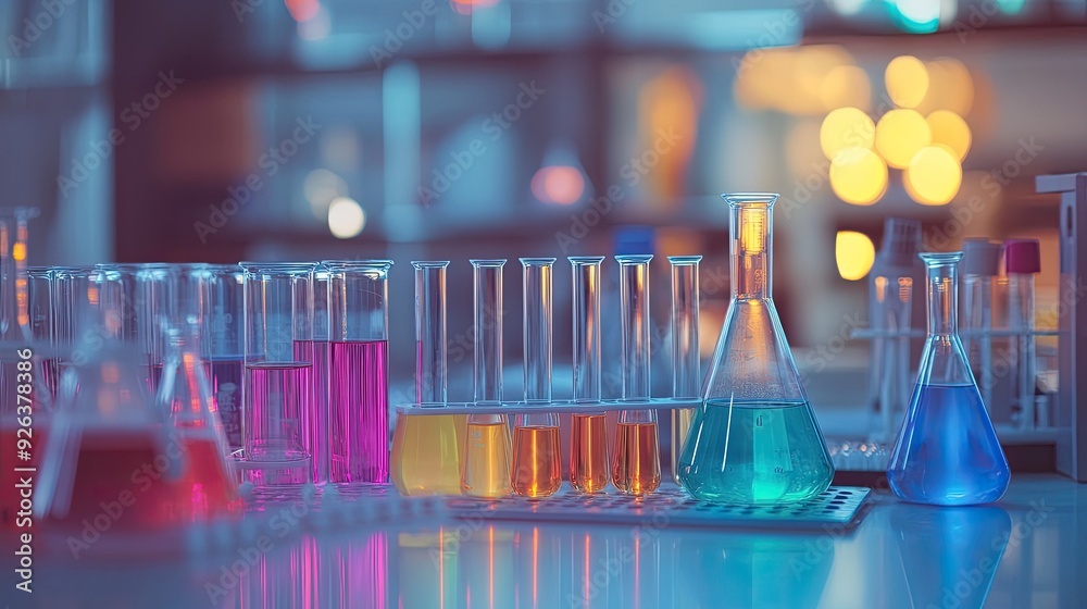 Colorful chemistry lab equipment set up on a lab table, including ...