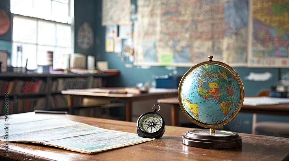 Geography classroom with maps, globes, and a compass on a desk Stock ...