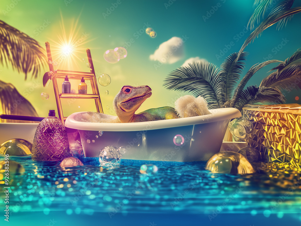 In a cheerful and vibrant summer atmosphere, a small baby dinosaur, a ...