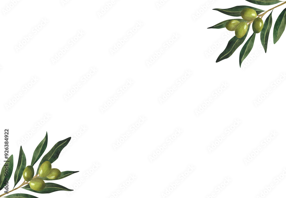 Watercolor floral banner with green olive branches for poster postcard ...