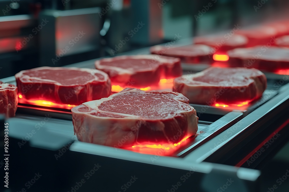 Red meat steaks moving on a conveyor belt in a meat processing facility ...