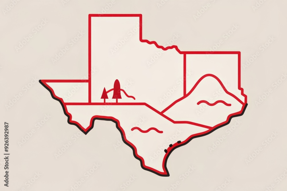 minimalist texas vector design with bold red outline and simple hill ...