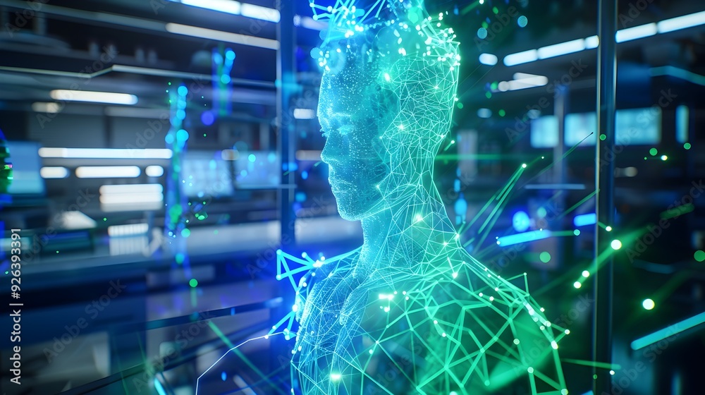 Shimmering holographic projection of a lifelike 3D model coalescing in ...