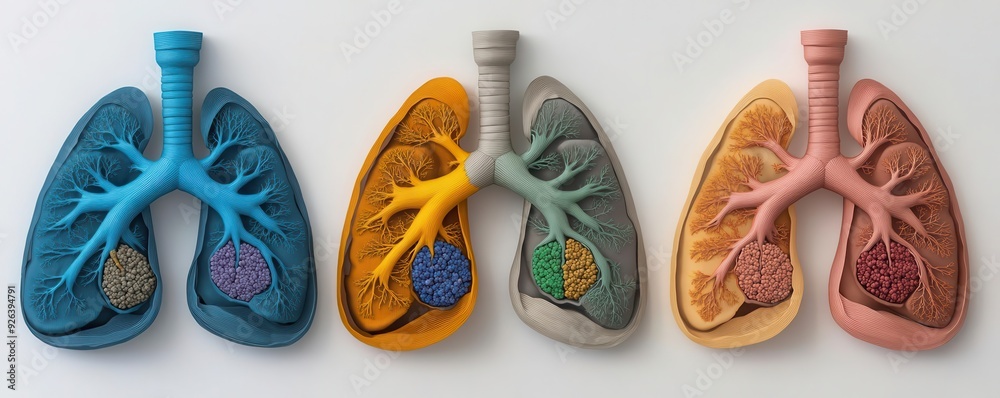 Cross-sectional diagram of lungs with color-coded stages of cancer ...