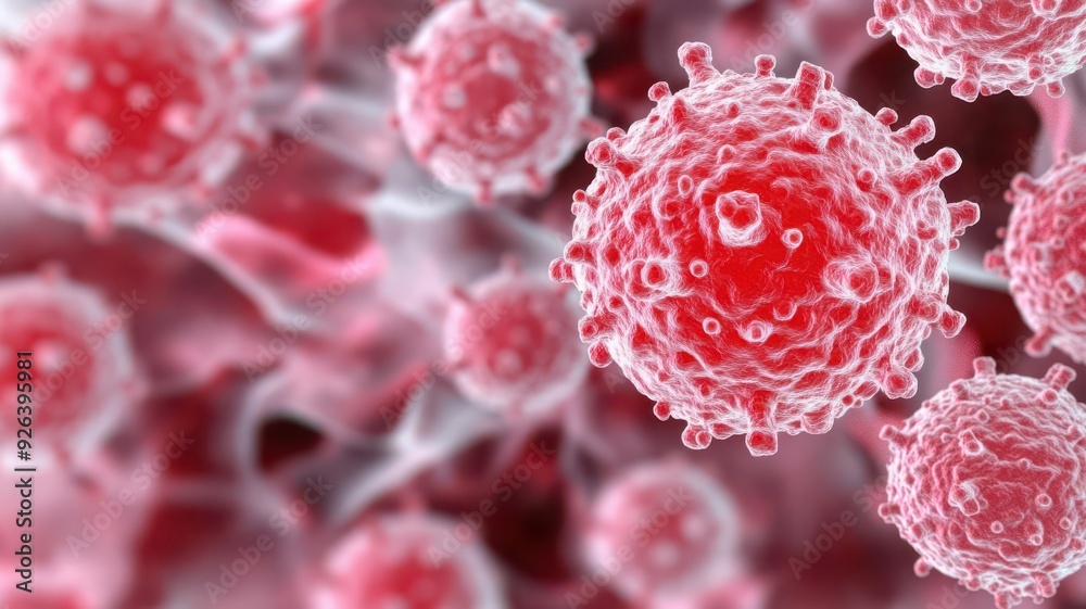 Lung cancer cells under a microscope, highly magnified, scientific ...