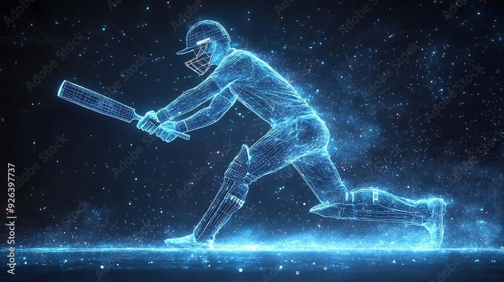 Digital blue low poly cricket player with glowing data streams AI in ...