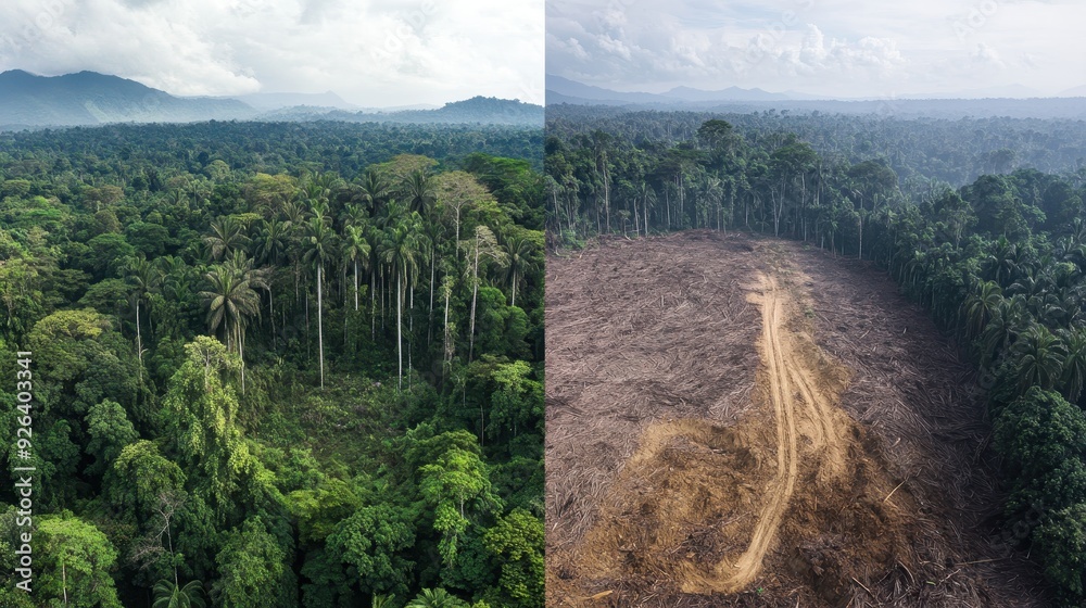 Lush tropical rainforest contrasts sharply with a large area of ...