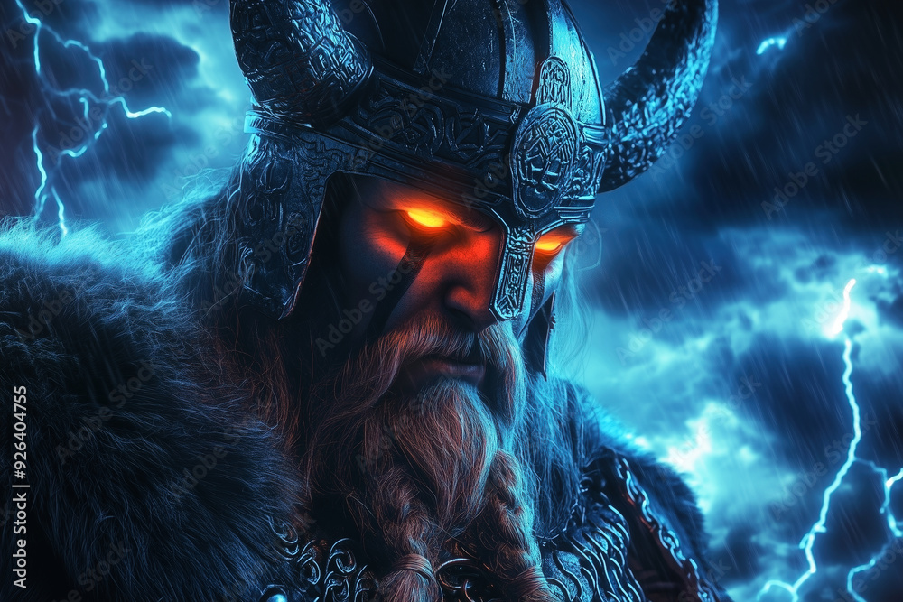 Majestic Viking warrior with glowing orange eyes and the background of ...