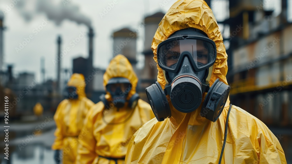 Team in Yellow Hazmat Suits and Respirators Preparing for Chemical ...
