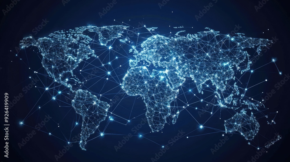 Contemporary world map design featuring abstract data connections and ...