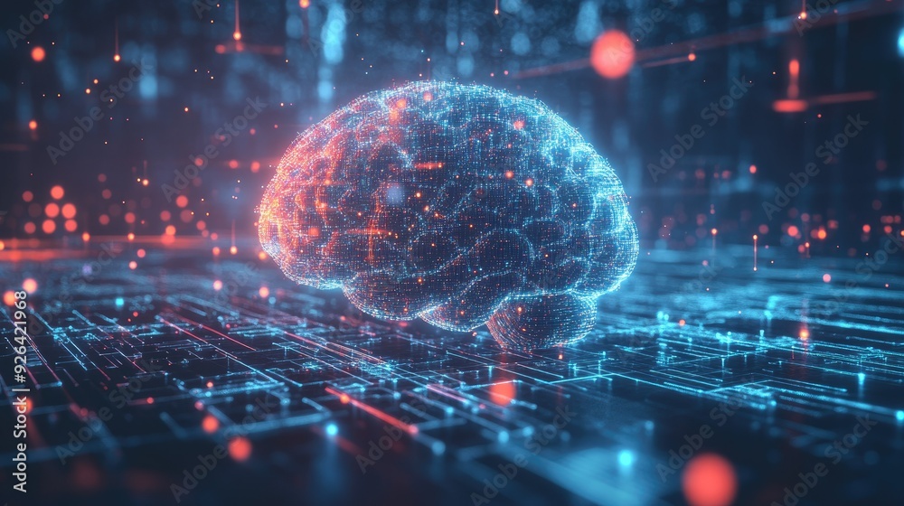 Digital 2D illustration of an AI brain with glowing connections and ...