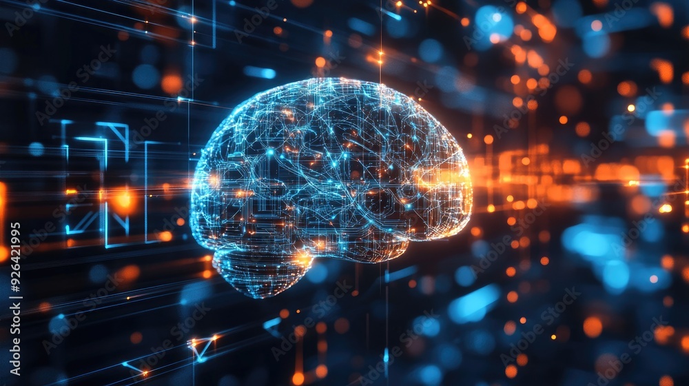 Digital 2D illustration of an AI brain with glowing connections and ...