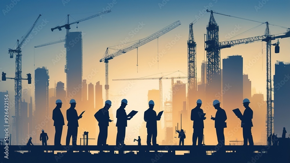 Silhouette of civil engineers with cranes and scaffolding as the ...