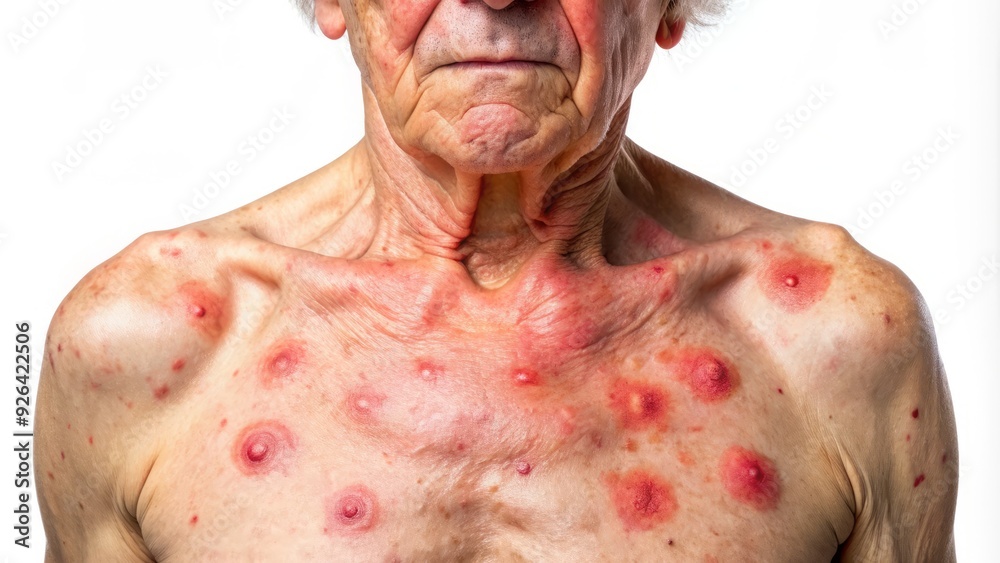 A close-up of a painful rash on an elderly person's torso ...