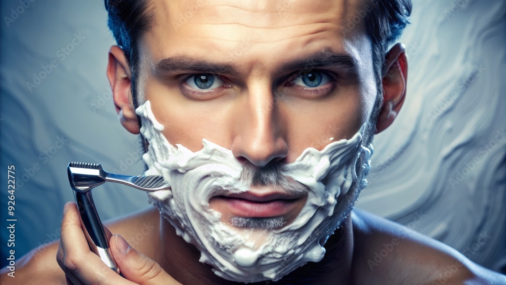 A close-up of a razor gliding across a male face, surrounding iconic ...