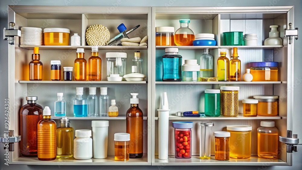 A cluttered medicine cabinet filled with various prescription bottles ...