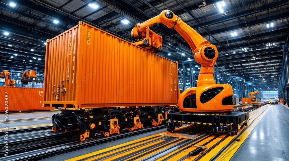 Mag-lev cargo container being loaded by robots Stock Illustration ...