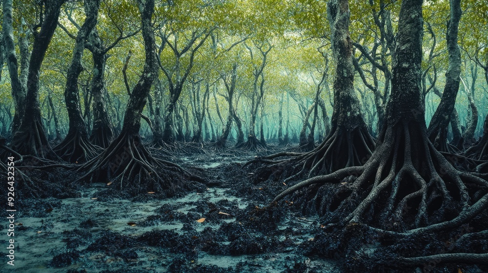 Mangrove forest filled with old trees covered in lichens, their roots ...