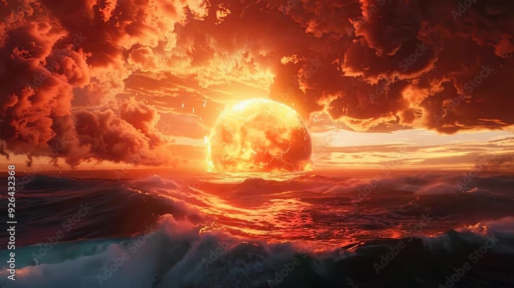 Fiery Sunset Over the Sea: A majestic sun descends, casting a fiery ...