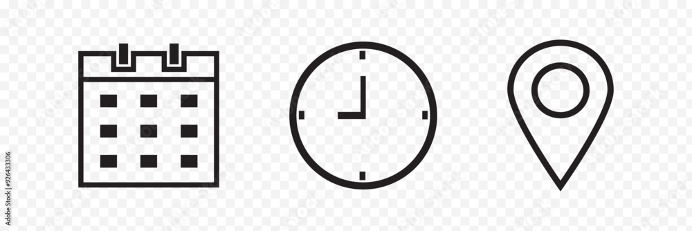 Address. time, and date icon vector. Event elements isolated on transparent background. Black ...
