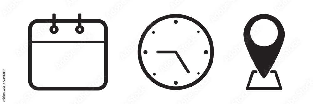 Address. time, and date icon vector. Event elements isolated on transparent background. Black ...