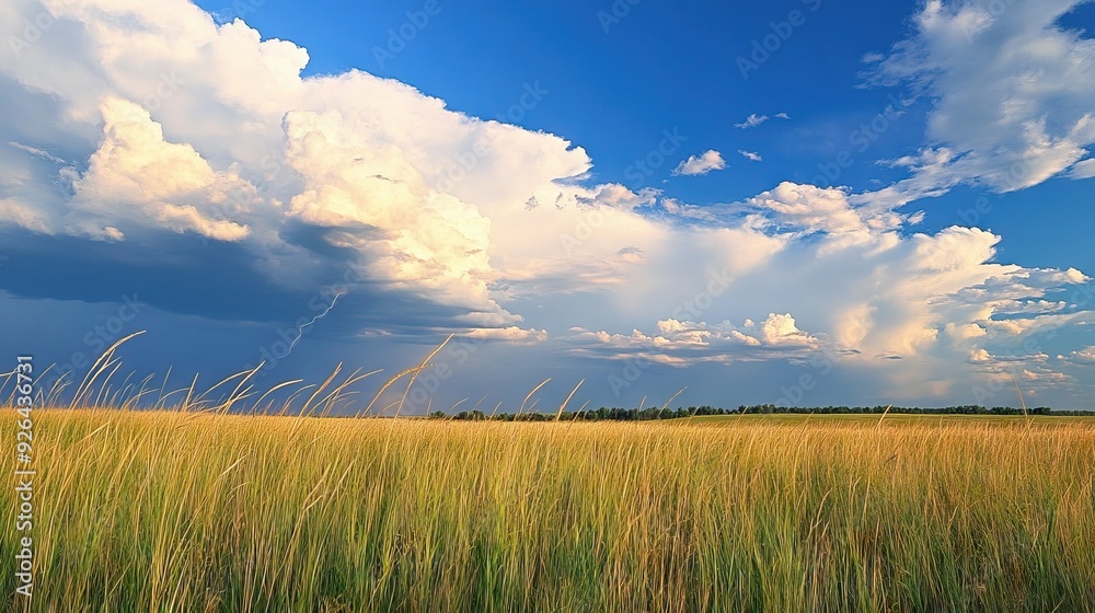 Wide-Open Prairie with Tall Grasses Waving in the Wind, Under a Vast ...