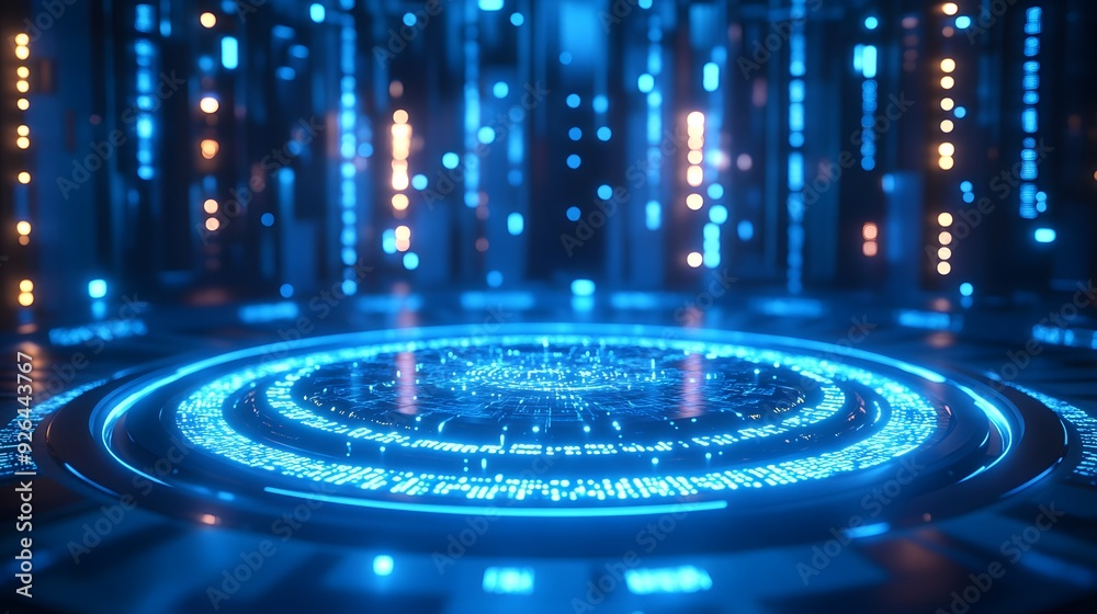 Futuristic digital platform, blue neon lights, holographic display ...