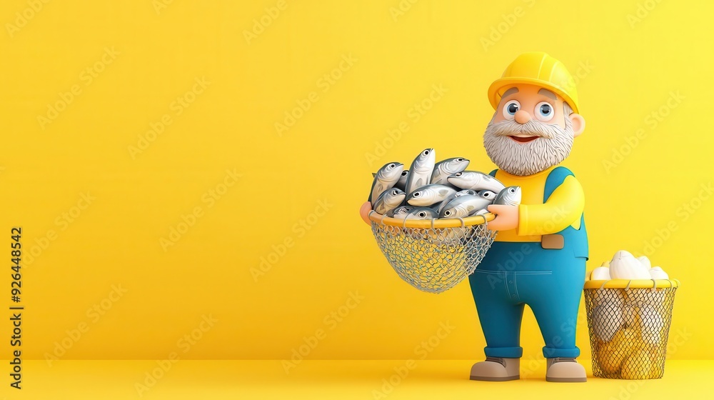 Cartoon fisherman character with a net full of fish, coastal harvest ...