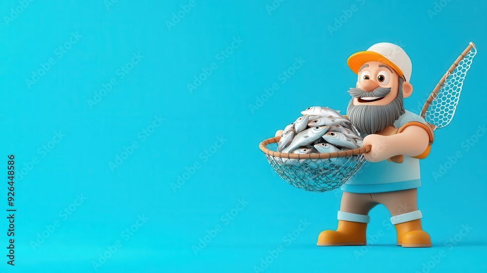 Cartoon fisherman character with a net full of fish, coastal harvest ...