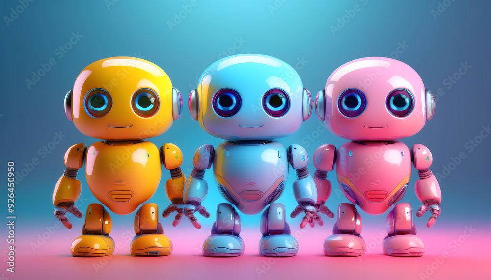 Three cute little robots standing next to each other with colorful ...