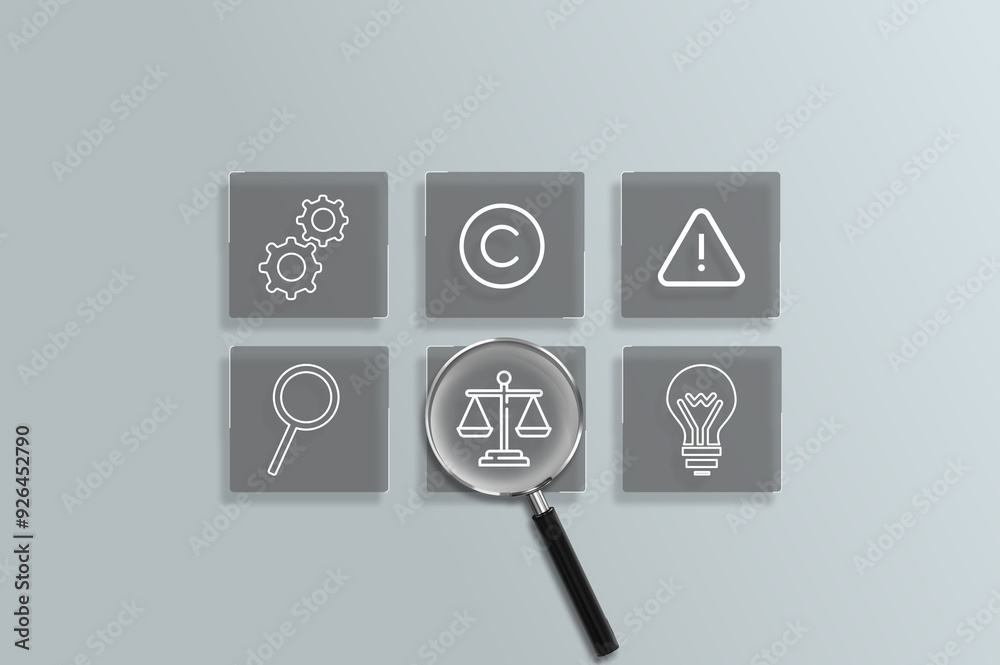 Magnifying glass focus to Digital copyright, patent concept. icons ...