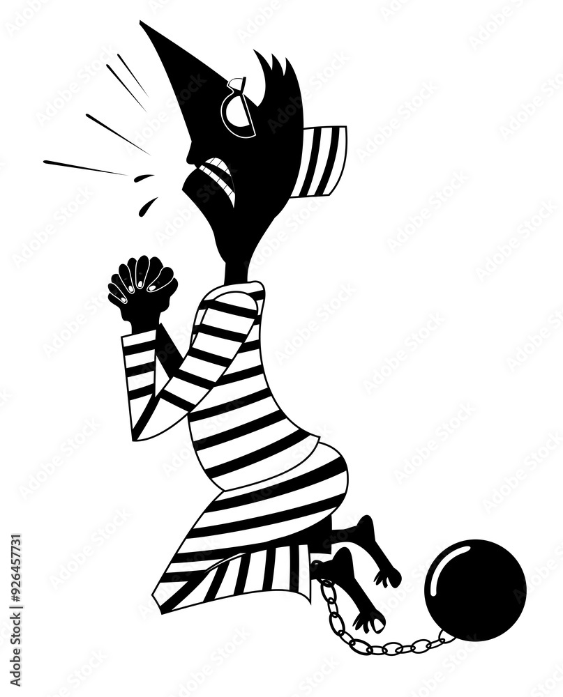 Praying on the knees prisoner man. Cartoon prisoner man with an iron ...