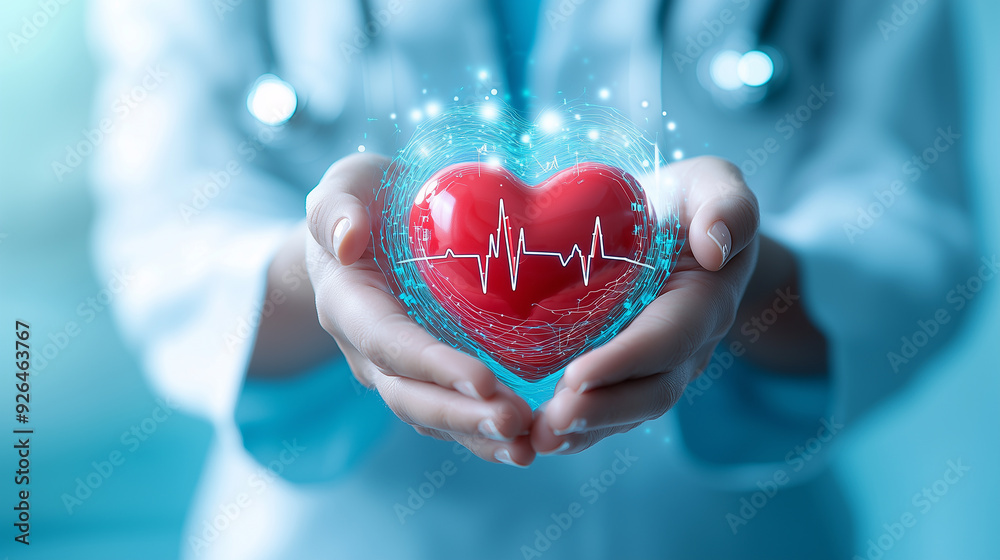 A medical professional holding a heart symbol with digital health data ...