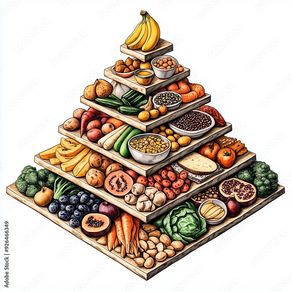 A colorful food pyramid display featuring fruits, vegetables, grains ...