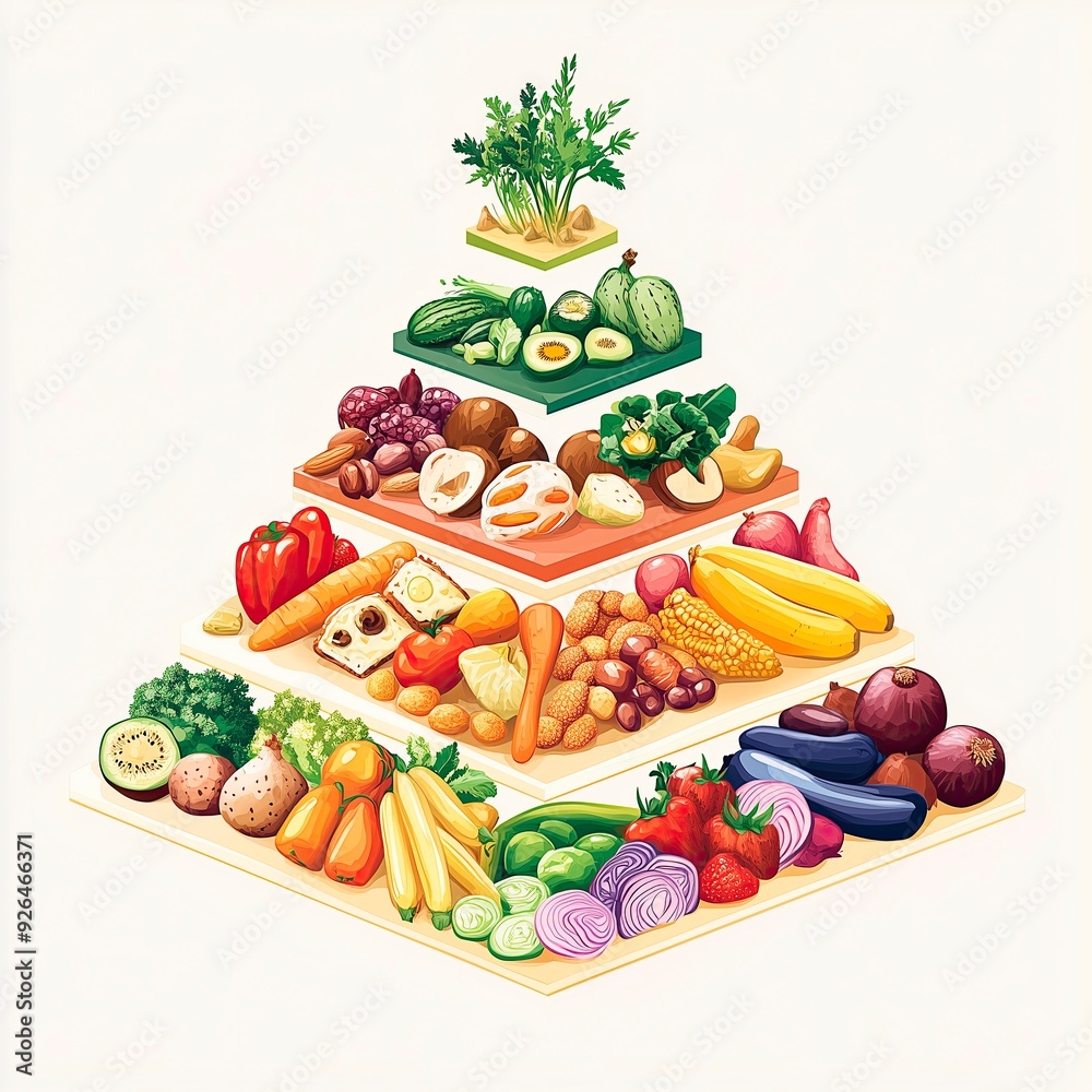 A colorful food pyramid showcasing various fruits, vegetables, and ...