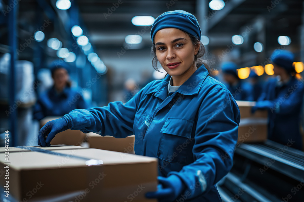 Group Of Warehouse Workers With A Young Woman In The Front In Uniforms ...