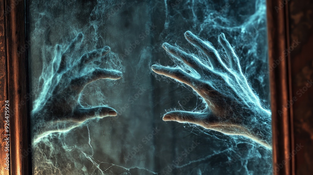 Ghostly hands reaching out from a mirror, poltergeist energy causing ...