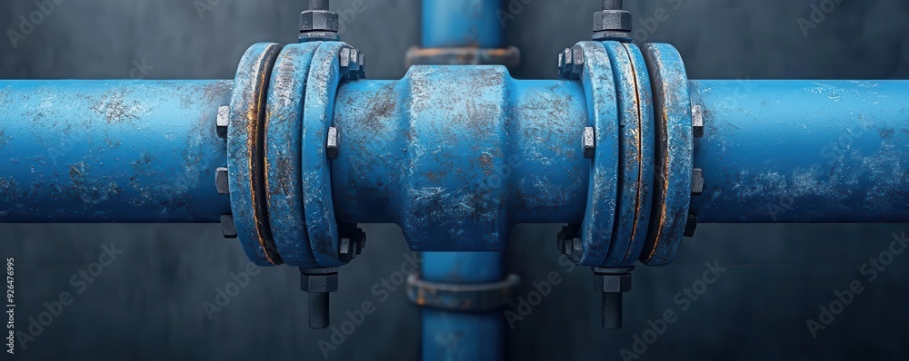 A close-up of a blue metal pipe with visible welding seams and wear ...
