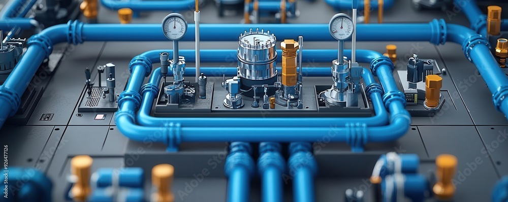 A complex mechanical setup with blue metal pipes feeding into hydraulic ...