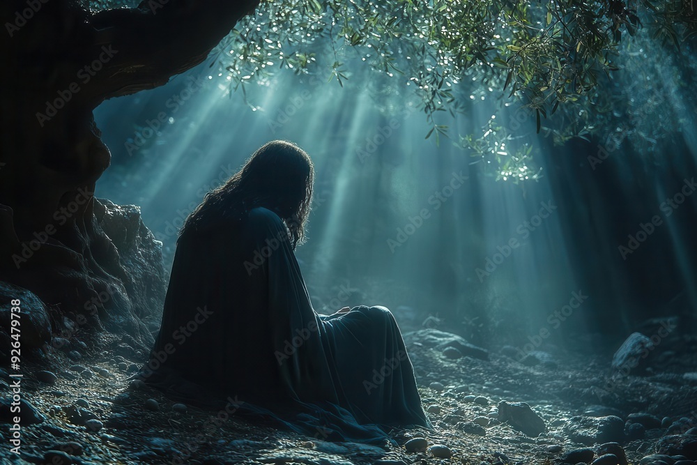 atmospheric night scene of jesus praying in gethsemane moonlight ...