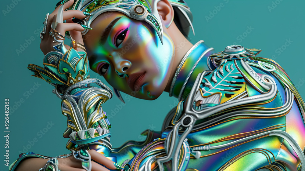 character with an otherworldly appearance, featuring iridescent skin ...