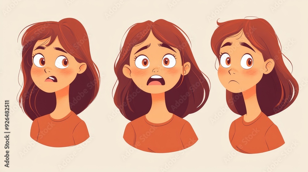 Flat vector female character sheet with happy, sad, and surprised ...